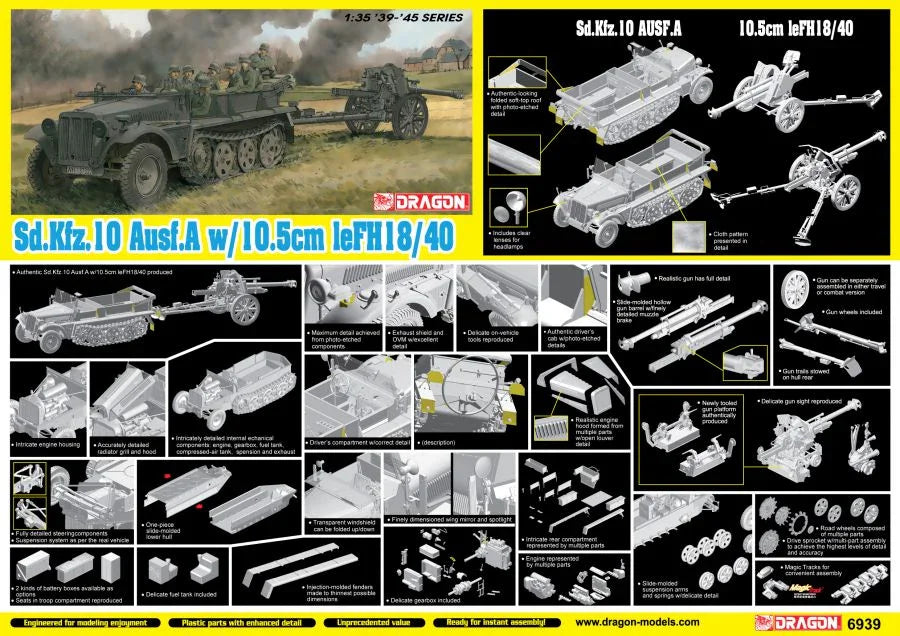 1/35 Dragon Models Sd.Kfz.10 + 10.5cm Le.Fh.18/40 (Smart Kit) - 6939 ...