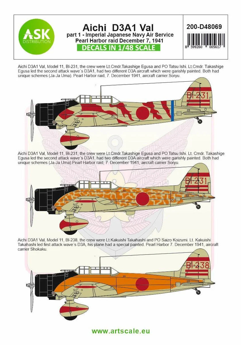 1/48 D3A1 Val Pearl Harbor Decals 48069 | Art Scale| MPM Hobbies