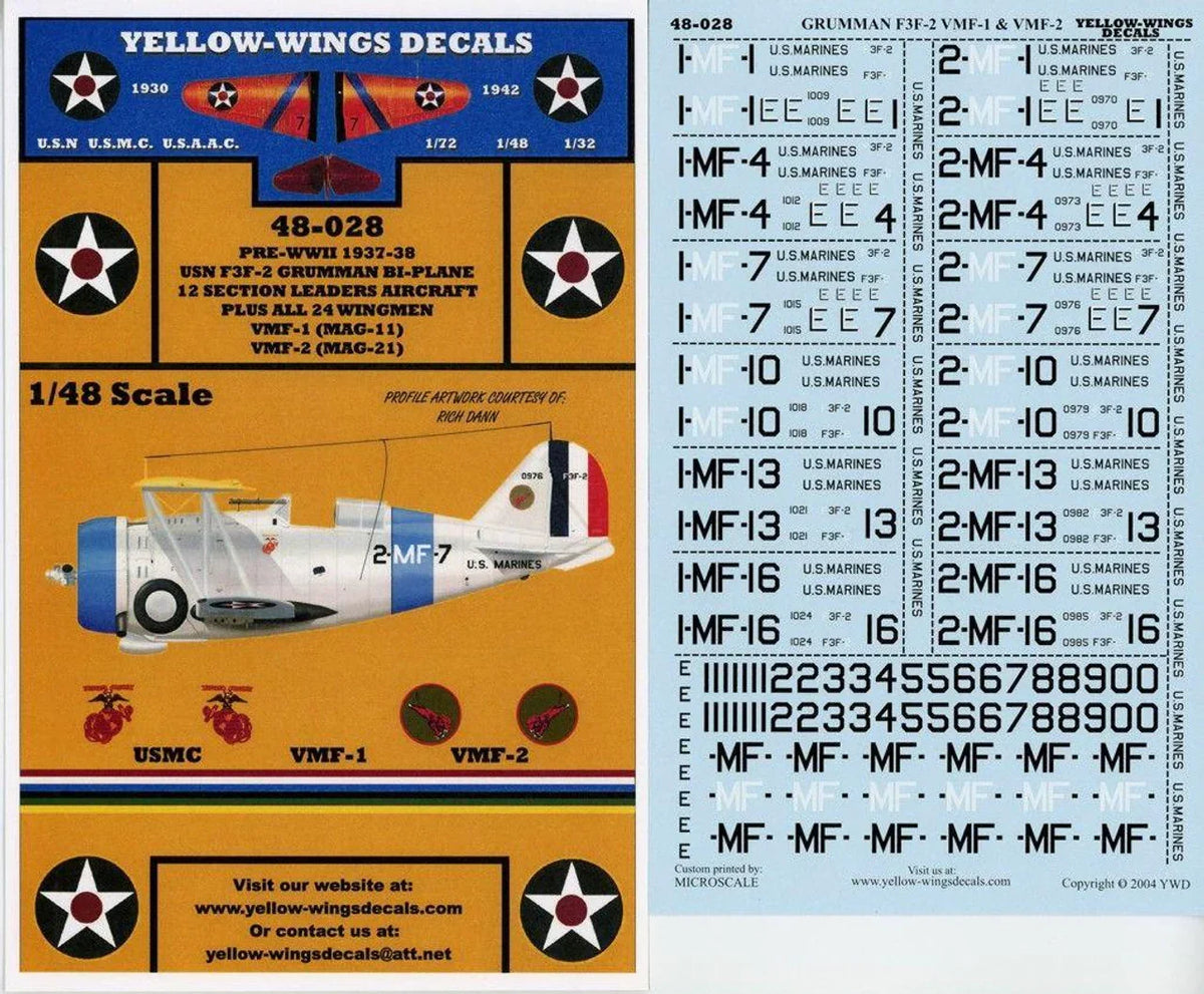 1/48 Yellow Wings Decals USMC F3F-2 Bi-Plane VMF-1 & VMF-2| MPM Hobbies